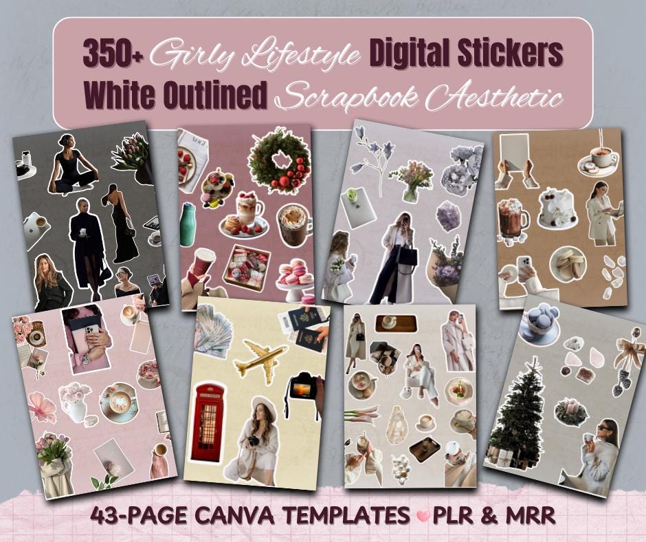 350+ Digital Stickers White-outlined Scrapbook Style, Canva Templates ...