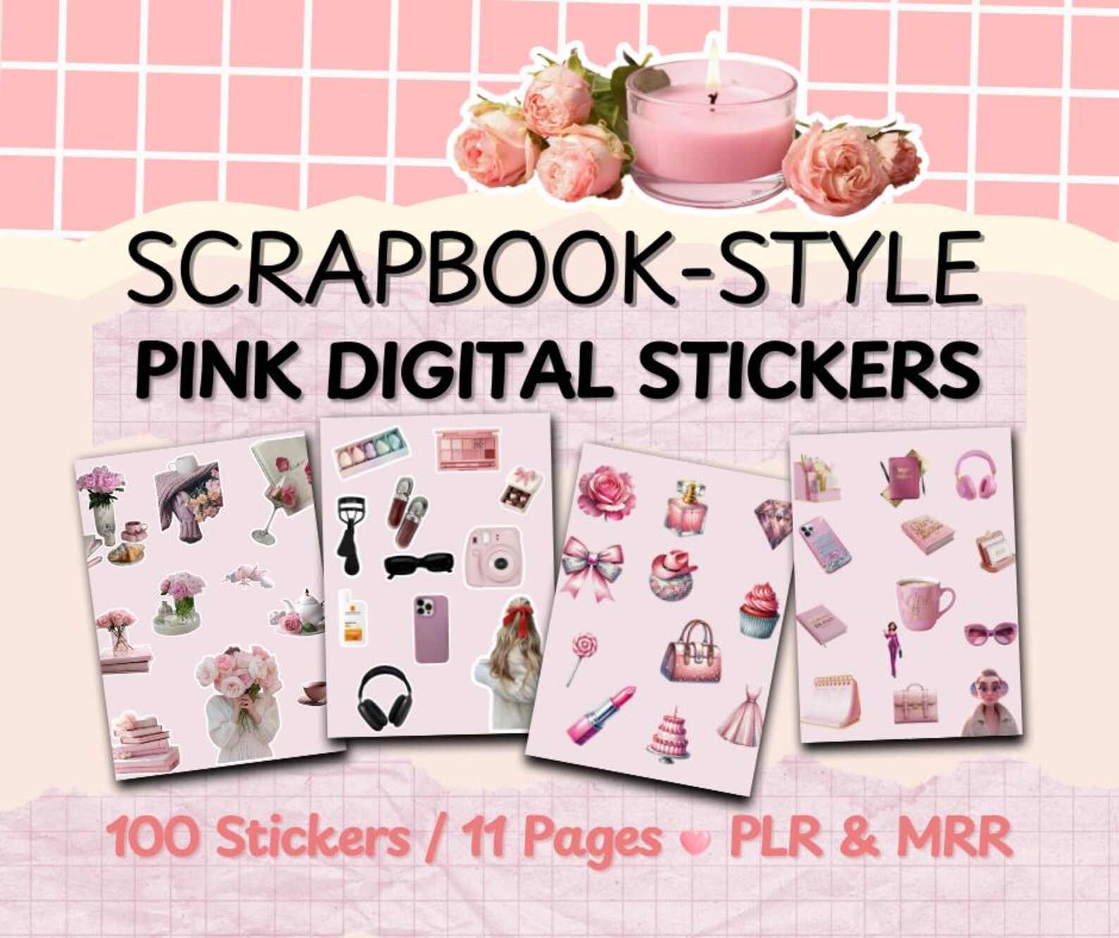 100 Pink Digital Stickers Scrapbook Style Carousel Post Canva Templates ...