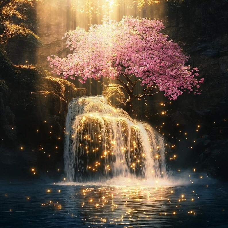 20 Magical Waterfall With Pink Blossomed Tree, Fairy Tale Fantasy ...
