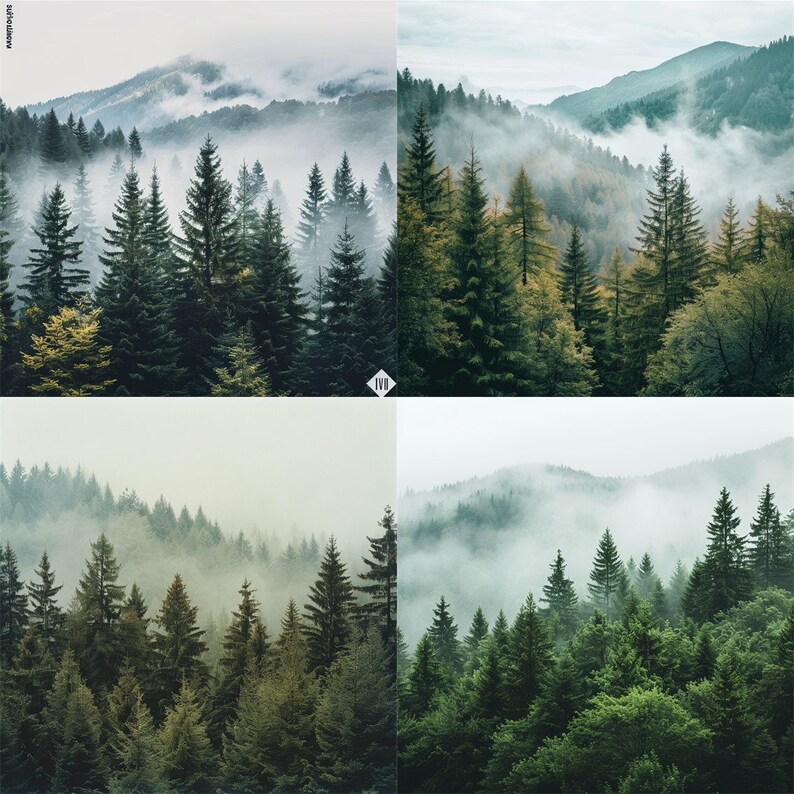 46 Misty Forest Landscape Clipart, Mountain Pine Trees Digital Art ...