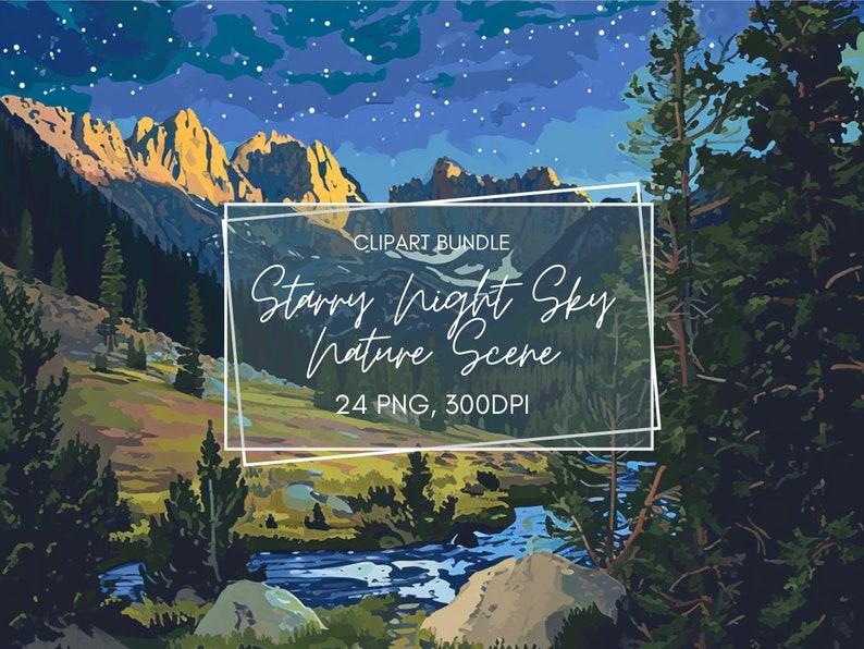 22 Starry Night Sky Nature Scene Clipart, Watercolor Forest Background ...