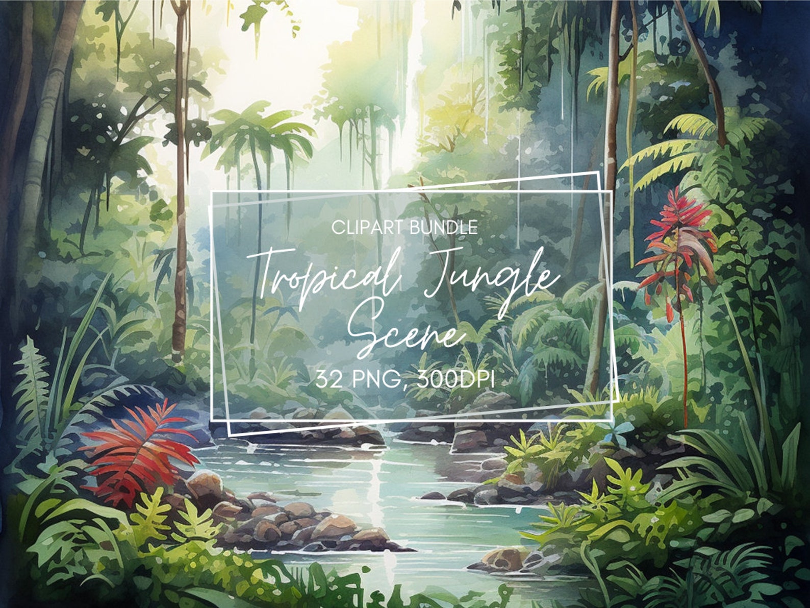 32 Tropical Jungle Scene Clipart, Scenic Nature Stream Digital Image ...