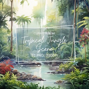 32 Tropical Jungle Scene Clipart, Scenic Nature Stream Digital Image ...