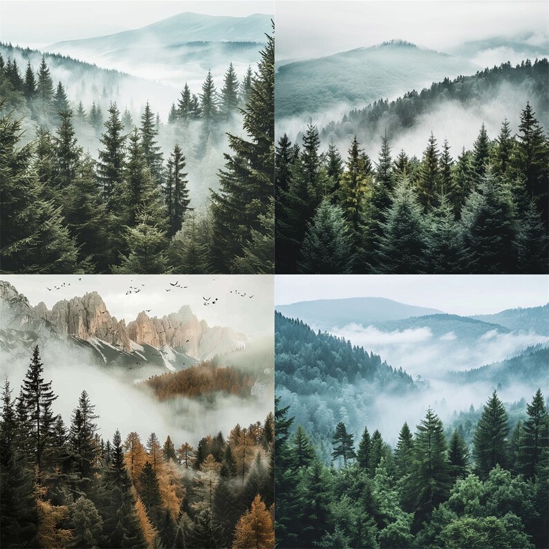 46 Misty Forest Landscape Clipart, Mountain Pine Trees Digital Art ...