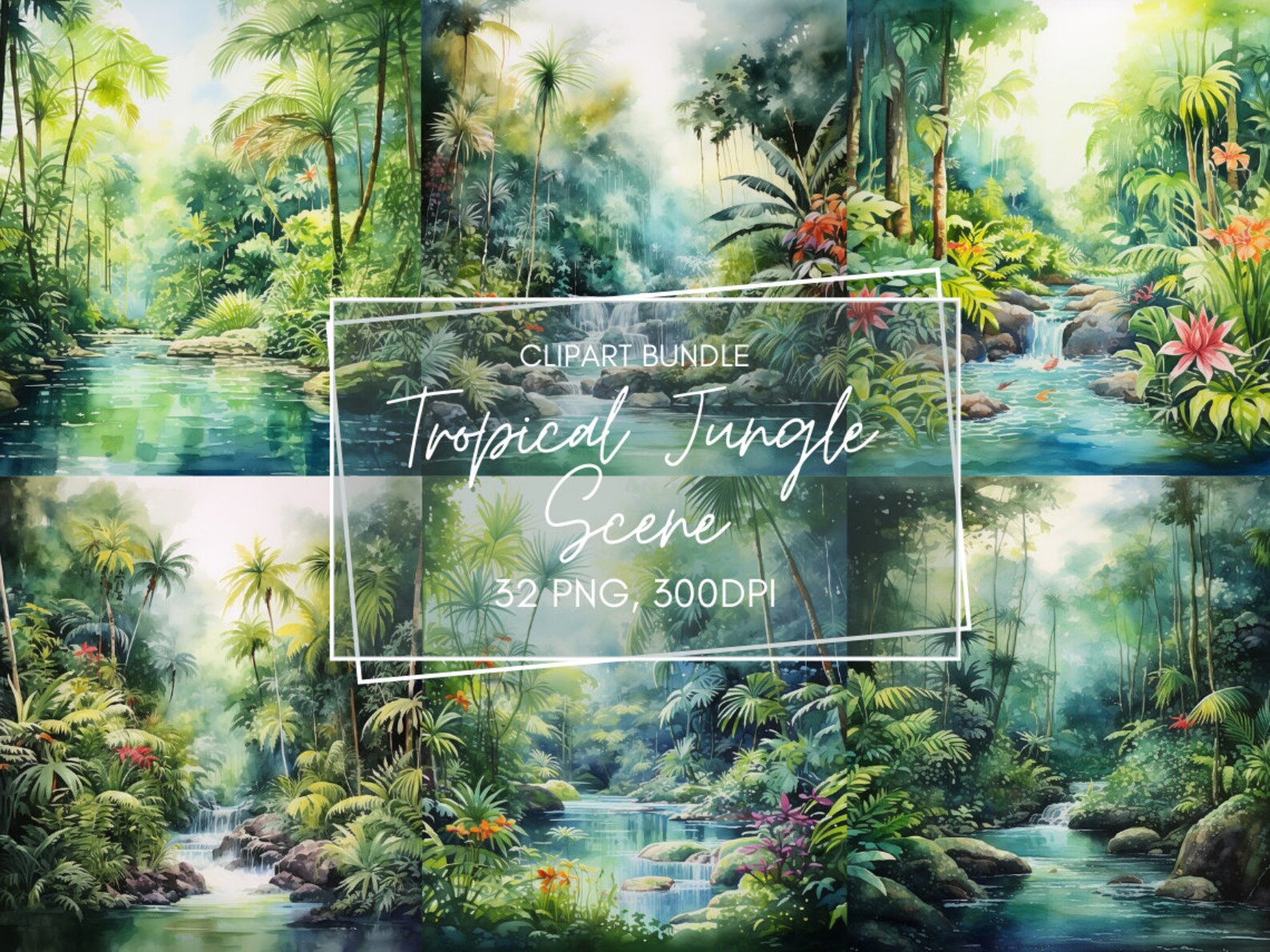 32 Tropical Jungle Scene Clipart, Scenic Nature Stream Digital Image ...