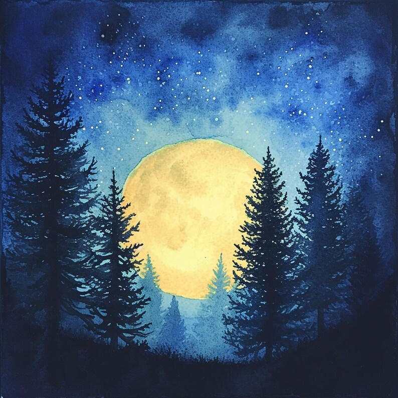 19 Moonlit Night Forest, Woodland Landscape, Digital Download, DIY Home ...