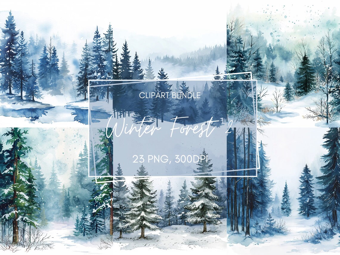23 Winter Forest Watercolor Clipart, Snowy Trees Digital Download, DIY ...