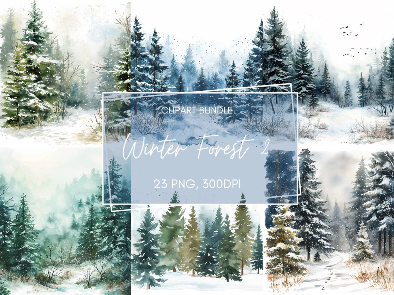 23 Winter Forest Watercolor Clipart, Snowy Trees Digital Download, DIY ...