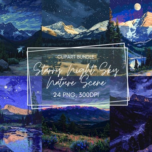 22 Starry Night Sky Nature Scene Clipart, Watercolor Forest Background ...