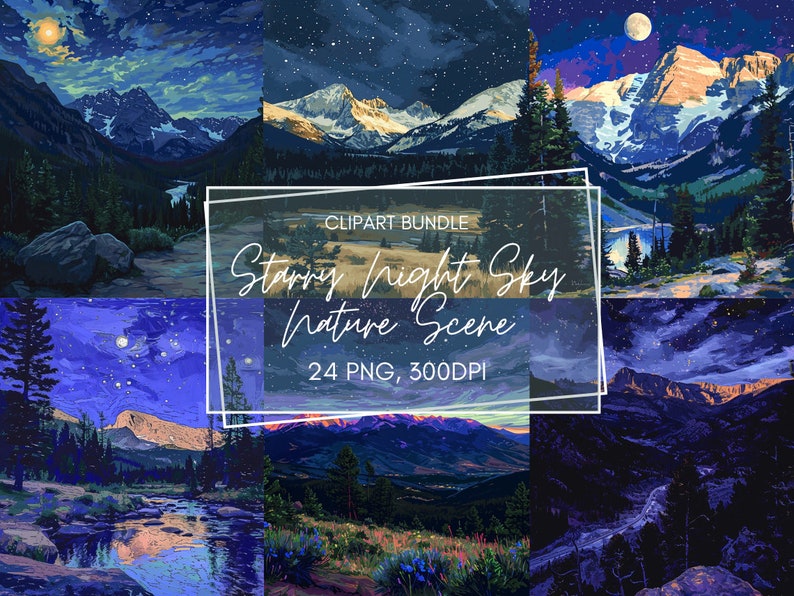 22 Starry Night Sky Nature Scene Clipart, Watercolor Forest Background ...