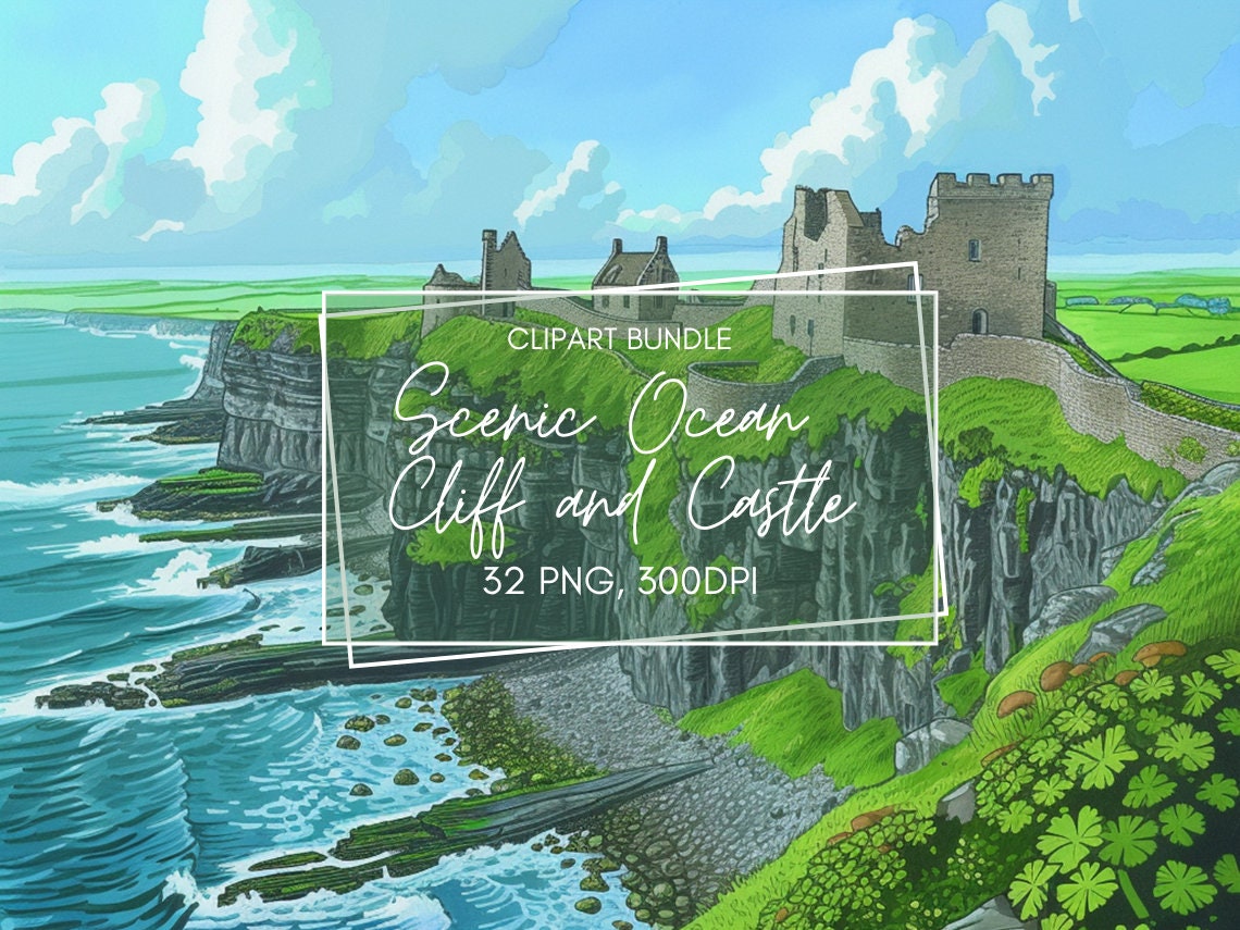 Scenic Ocean Cliff and Castle Digital Clipart, Vibrant Landscape ...