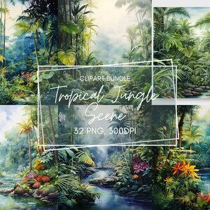 32 Tropical Jungle Scene Clipart, Scenic Nature Stream Digital Image ...