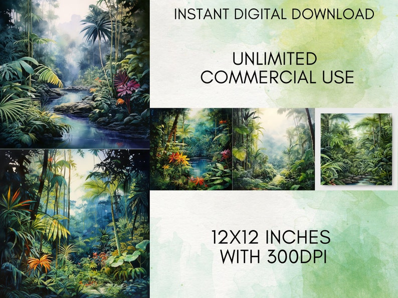 32 Tropical Jungle Scene Clipart, Scenic Nature Stream Digital Image ...