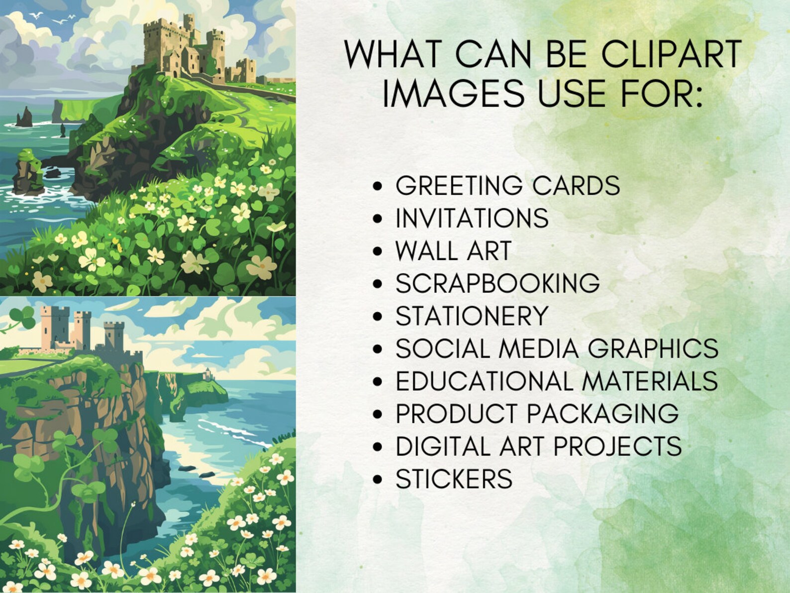 Scenic Ocean Cliff and Castle Digital Clipart, Vibrant Landscape ...