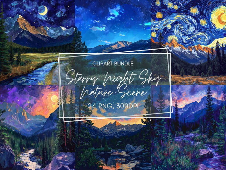 22 Starry Night Sky Nature Scene Clipart, Watercolor Forest Background ...
