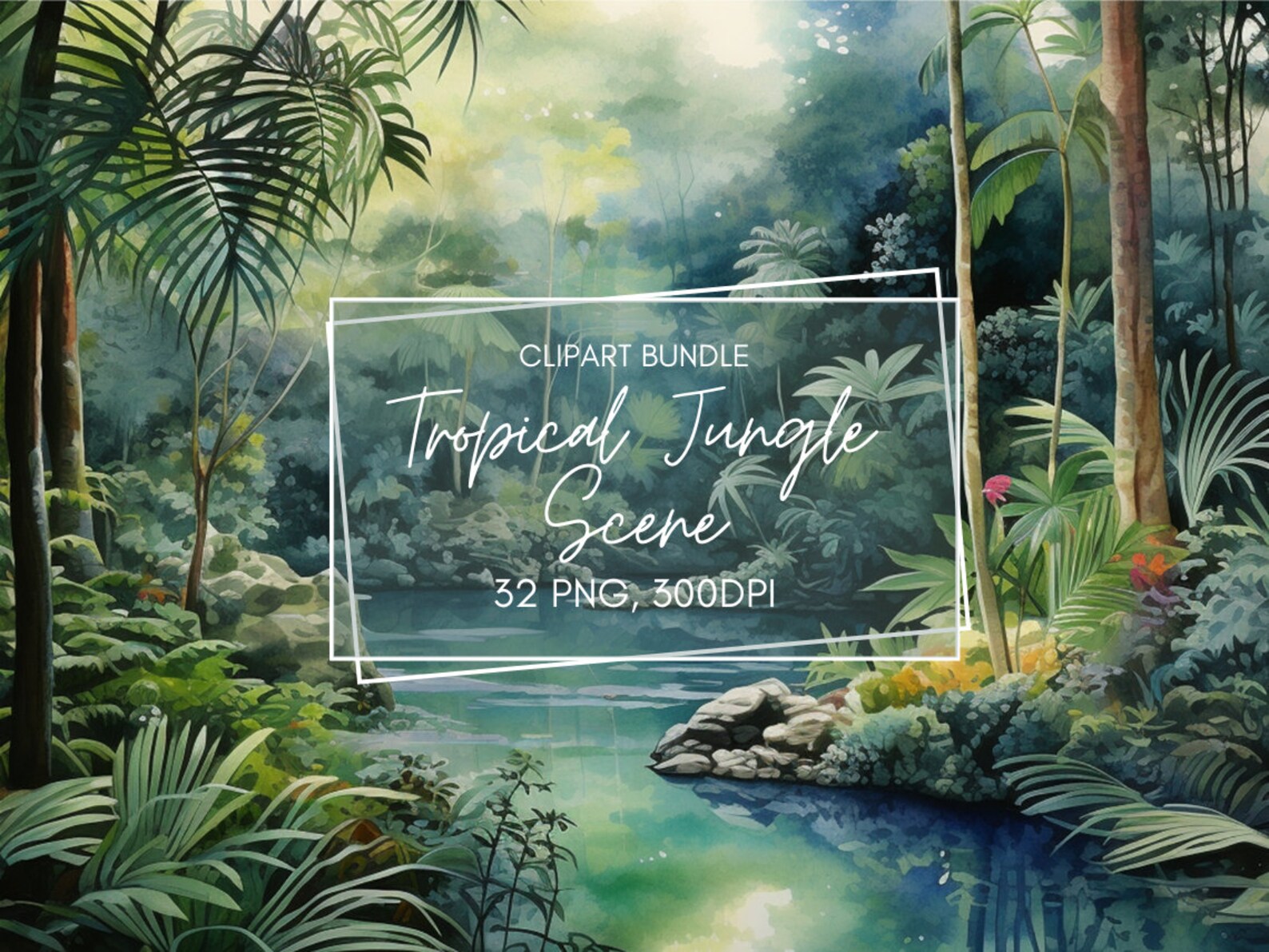 32 Tropical Jungle Scene Clipart, Scenic Nature Stream Digital Image ...
