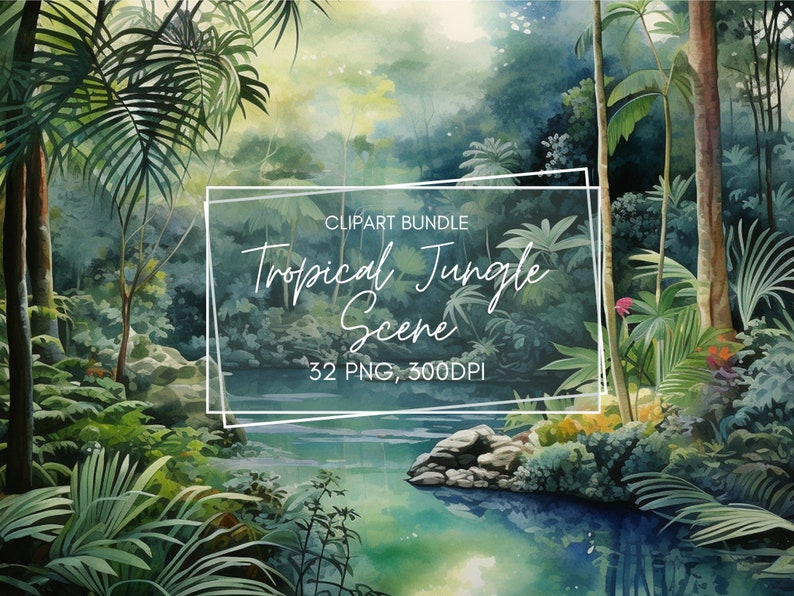 32 Tropical Jungle Scene Clipart, Scenic Nature Stream Digital Image ...