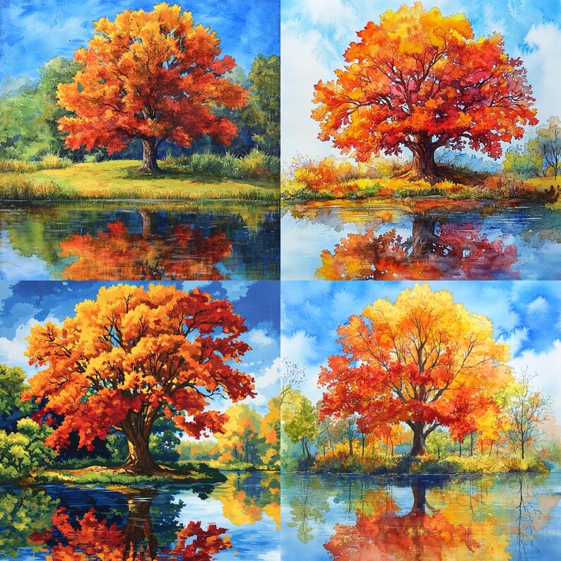 24 Autumn Tree Digital Art, Colorful Fall Tree, Digital Download, DIY ...