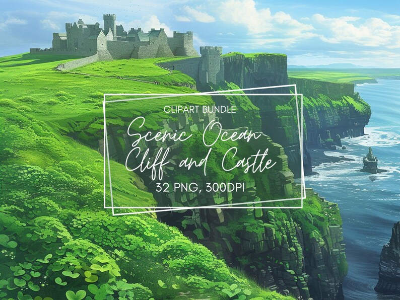 Scenic Ocean Cliff and Castle Digital Clipart, Vibrant Landscape ...