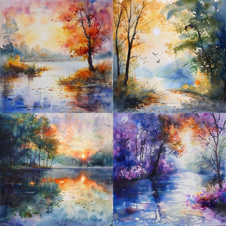 24 Watercolor Autumn Forest Landscape Clipart, Digital Download, DIY ...