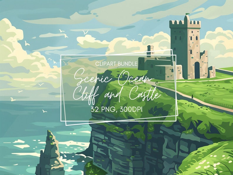 Scenic Ocean Cliff and Castle Digital Clipart, Vibrant Landscape ...