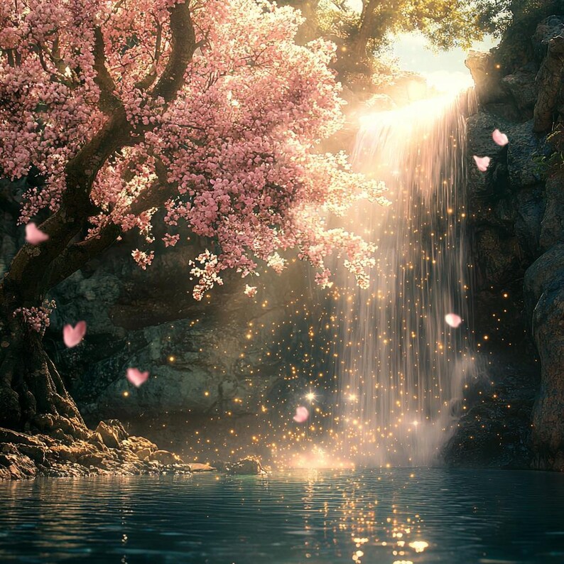 20 Magical Waterfall With Pink Blossomed Tree, Fairy Tale Fantasy ...