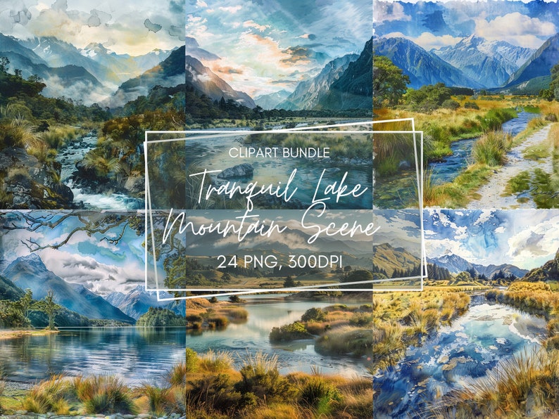 Tranquil Lake Mountain Scene Clipart, Digital Download Landscape ...