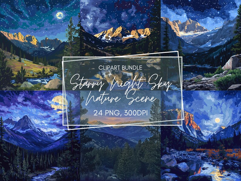 22 Starry Night Sky Nature Scene Clipart, Watercolor Forest Background ...