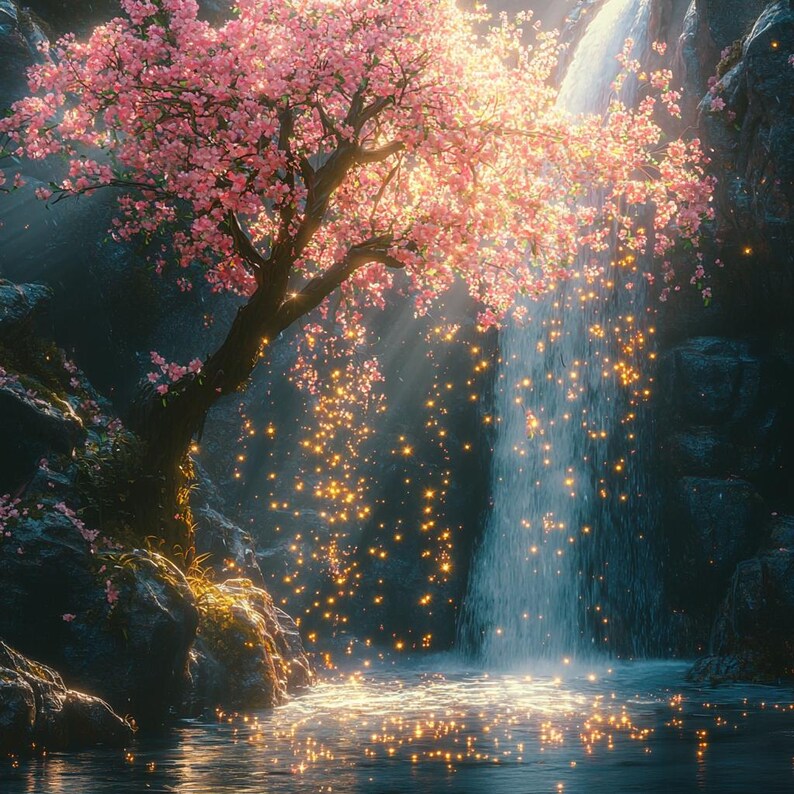 20 Magical Waterfall With Pink Blossomed Tree, Fairy Tale Fantasy ...