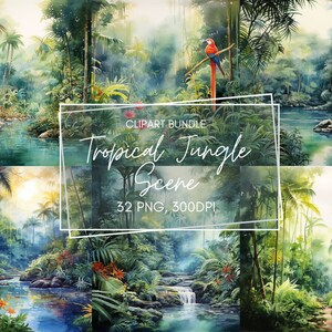 32 Tropical Jungle Scene Clipart, Scenic Nature Stream Digital Image ...