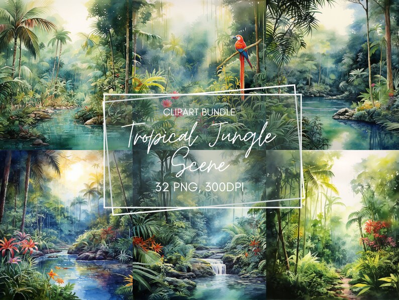 32 Tropical Jungle Scene Clipart, Scenic Nature Stream Digital Image ...