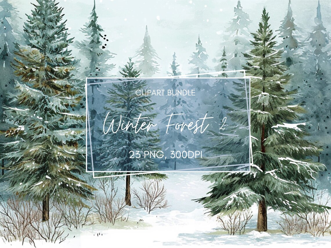 23 Winter Forest Watercolor Clipart, Snowy Trees Digital Download, DIY ...