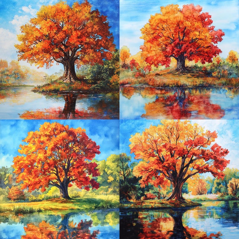 24 Autumn Tree Digital Art, Colorful Fall Tree, Digital Download, DIY ...
