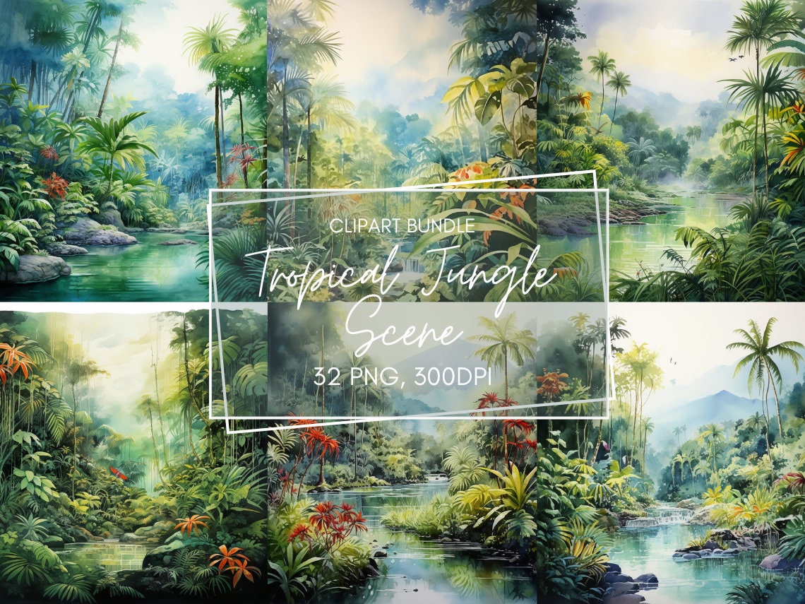 32 Tropical Jungle Scene Clipart, Scenic Nature Stream Digital Image ...