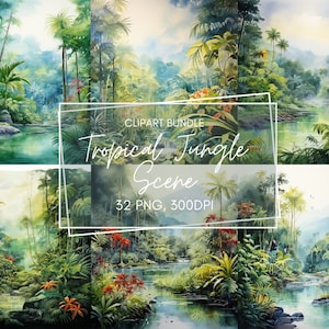 32 Tropical Jungle Scene Clipart, Scenic Nature Stream Digital Image ...