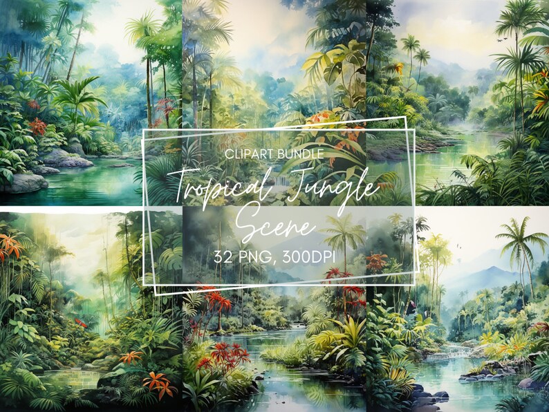 32 Tropical Jungle Scene Clipart, Scenic Nature Stream Digital Image ...