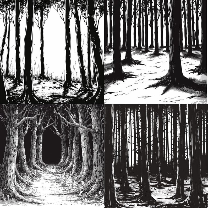 24 Enchanted Forest Silhouette Clipart, Mystical Woodland Trees Art ...