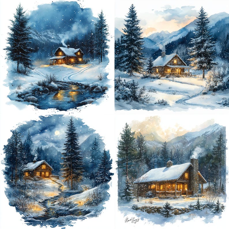 24 Winter Cabin in Snow Forest Clipart, Digital Download, DIY Home ...