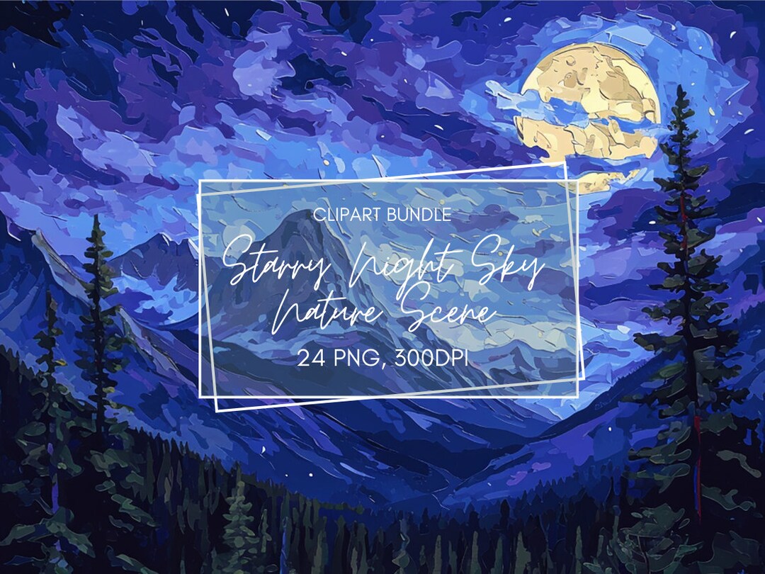 22 Starry Night Sky Nature Scene Clipart, Watercolor Forest Background ...