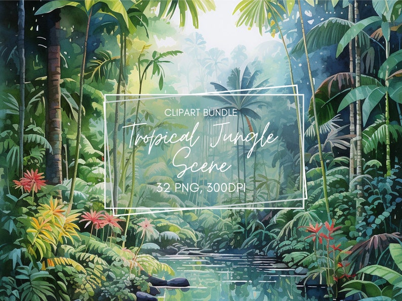 32 Tropical Jungle Scene Clipart, Scenic Nature Stream Digital Image ...