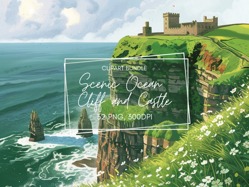 Scenic Ocean Cliff and Castle Digital Clipart, Vibrant Landscape ...