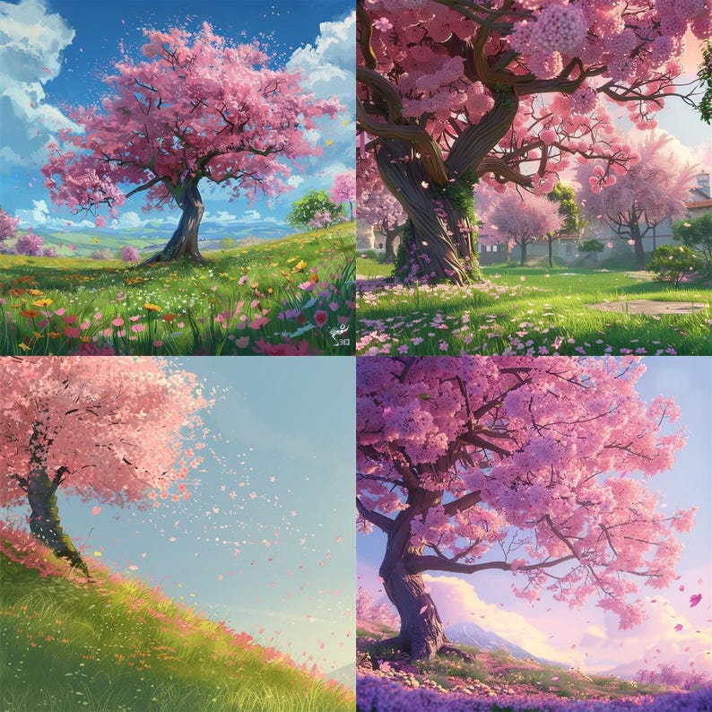 24 Beautiful Spring Cherry Blossom Tree Clipart, Watercolor Landscape ...