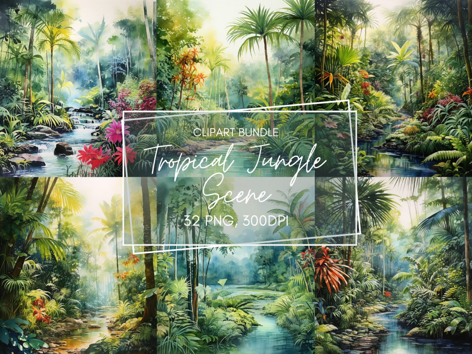 32 Tropical Jungle Scene Clipart, Scenic Nature Stream Digital Image ...