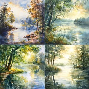 24 Watercolor Forest Lake Scene Clipart, Digital Download, DIY Home ...