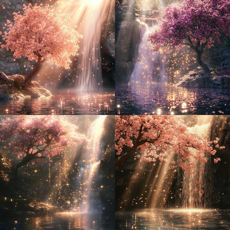 20 Magical Waterfall With Pink Blossomed Tree, Fairy Tale Fantasy ...