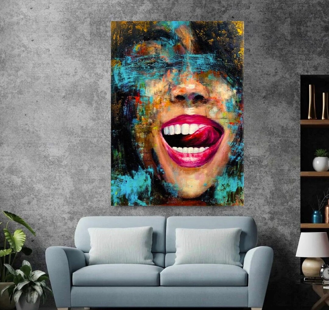 Abstract Smiling Woman Canvas Art: Tongue Out Portrait - Etsy