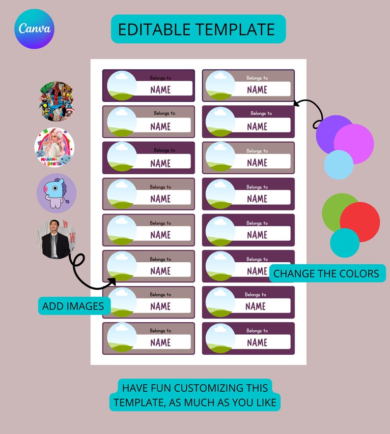School Labels Full Editable Template / Customize With Favorite Colors ...