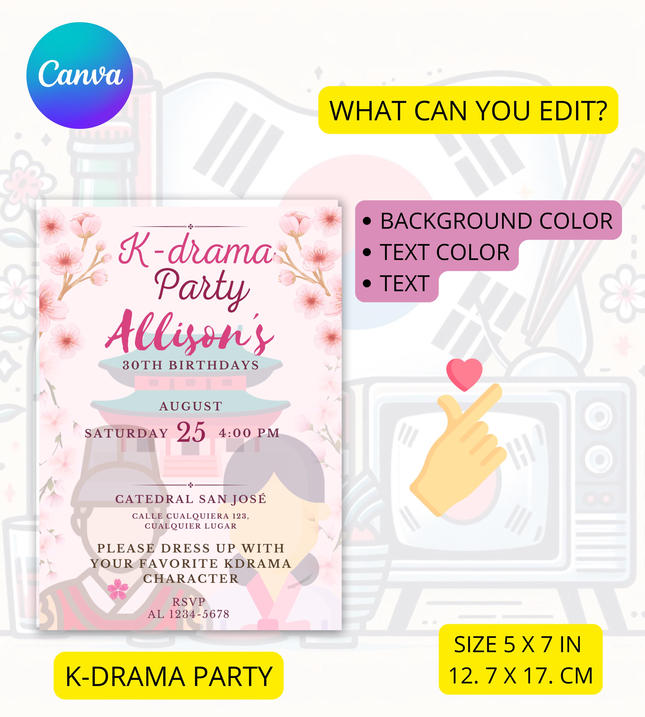 Editable Invitation Template With K-drama Theme for Korean Series Fans ...