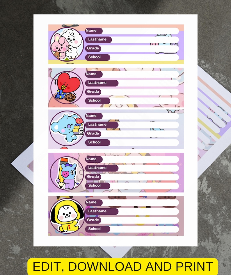 BT21 Labels School, Edit and Print, Templates Canva, Digital Product ...