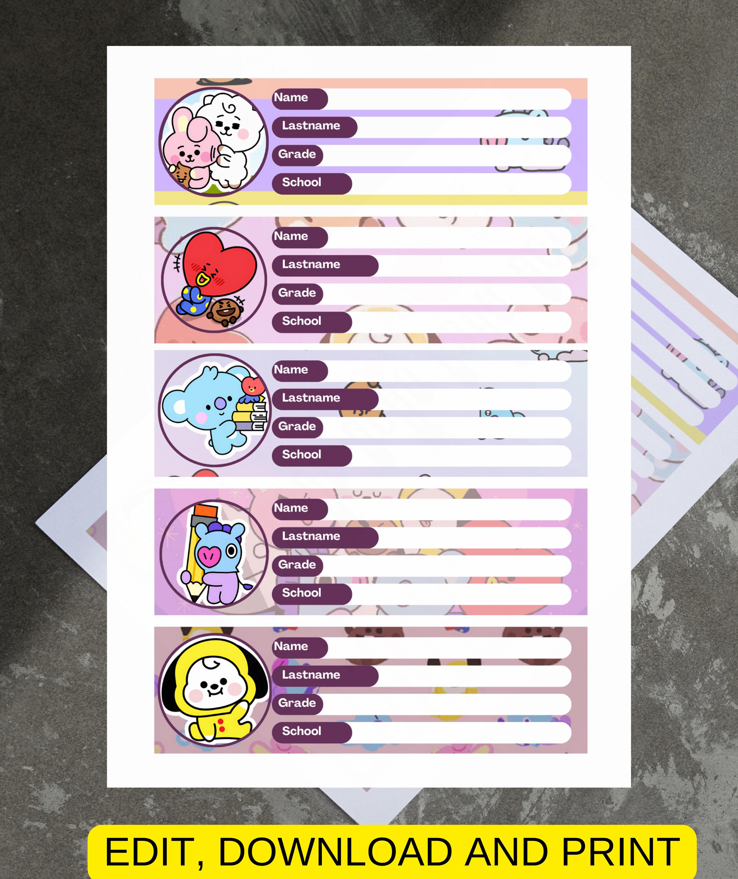 BT21 Labels School, Edit and Print, Templates Canva, Digital Product ...